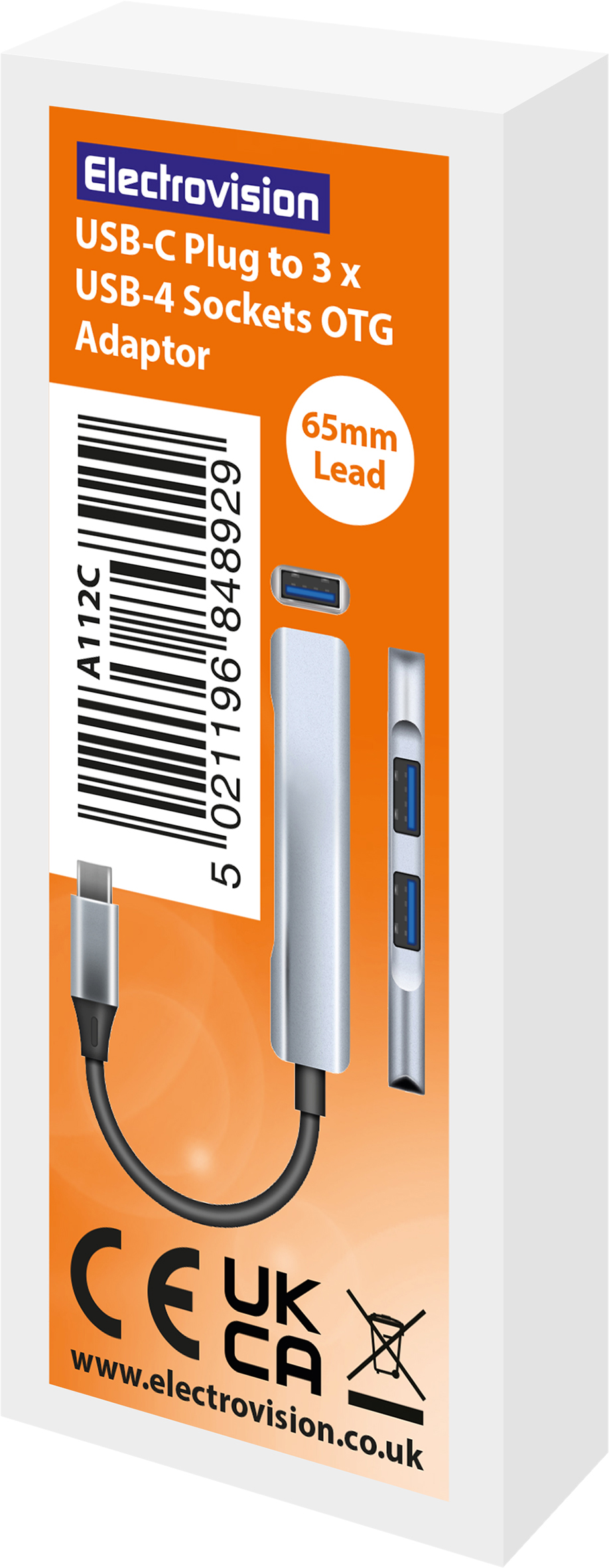 Electrovision USB-C to 3 USB-4 Sockets and Socket OTG Adaptor 65mm Lead ...