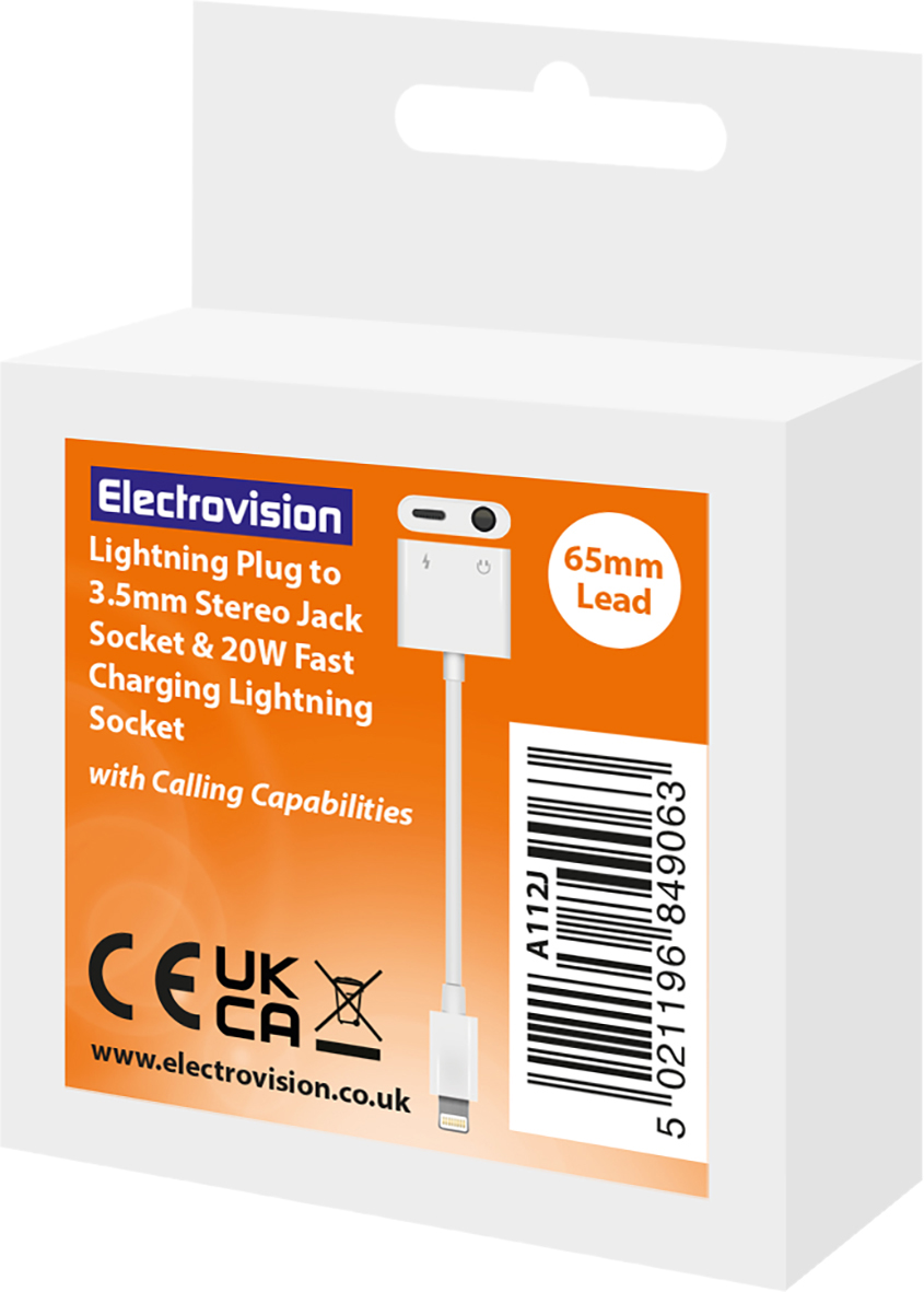 Electrovision Lightning Plug to 3.5mm Stereo Jack Socket and 20W Fast ...