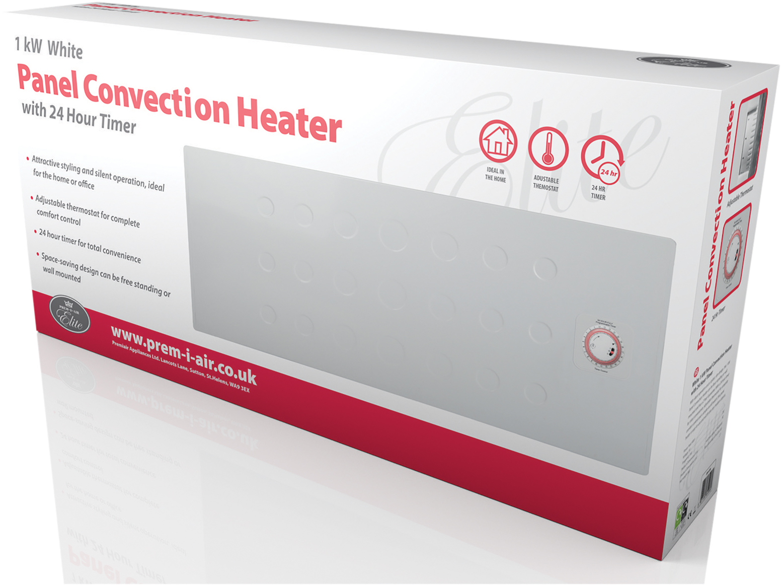 Prem-I-Air Elite White 1 kW Panel Convection Heater with 24 Hour Timer ...