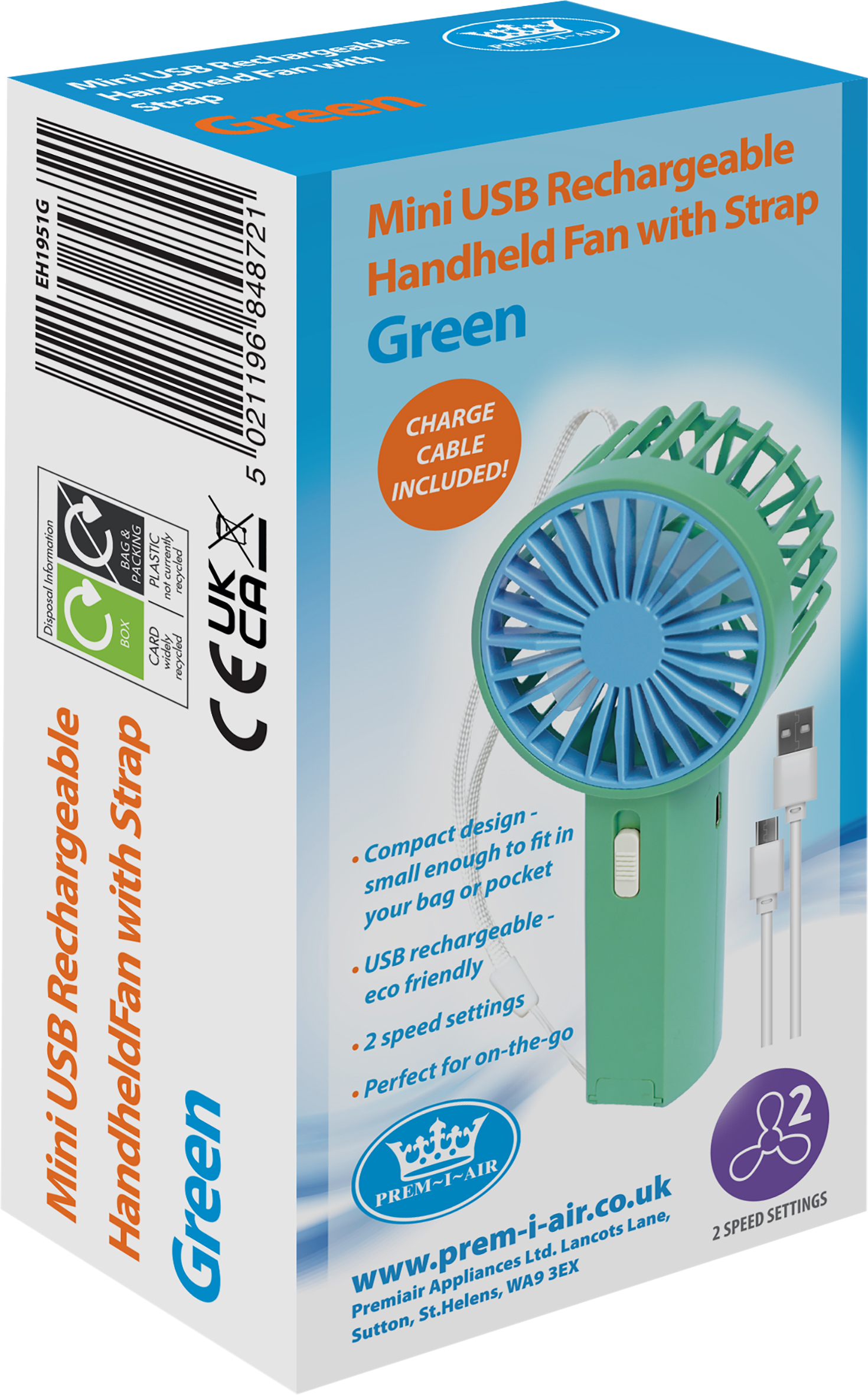 Prem-I-Air Mini USB Rechargeable Hand Held Fan With Strap | Electrovision