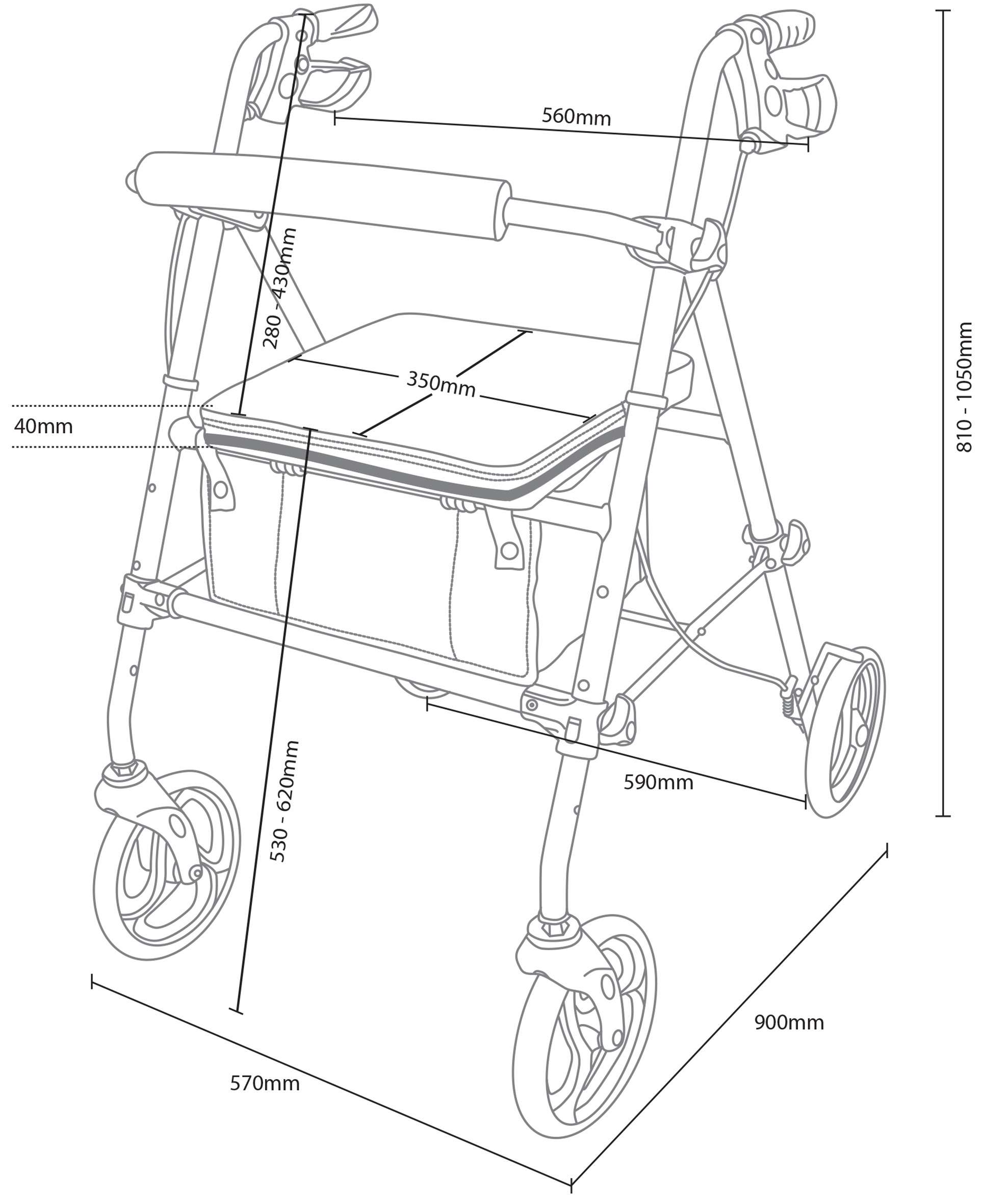 Lightweight Four Wheeled Rollator - 8" Wheel | Aidapt